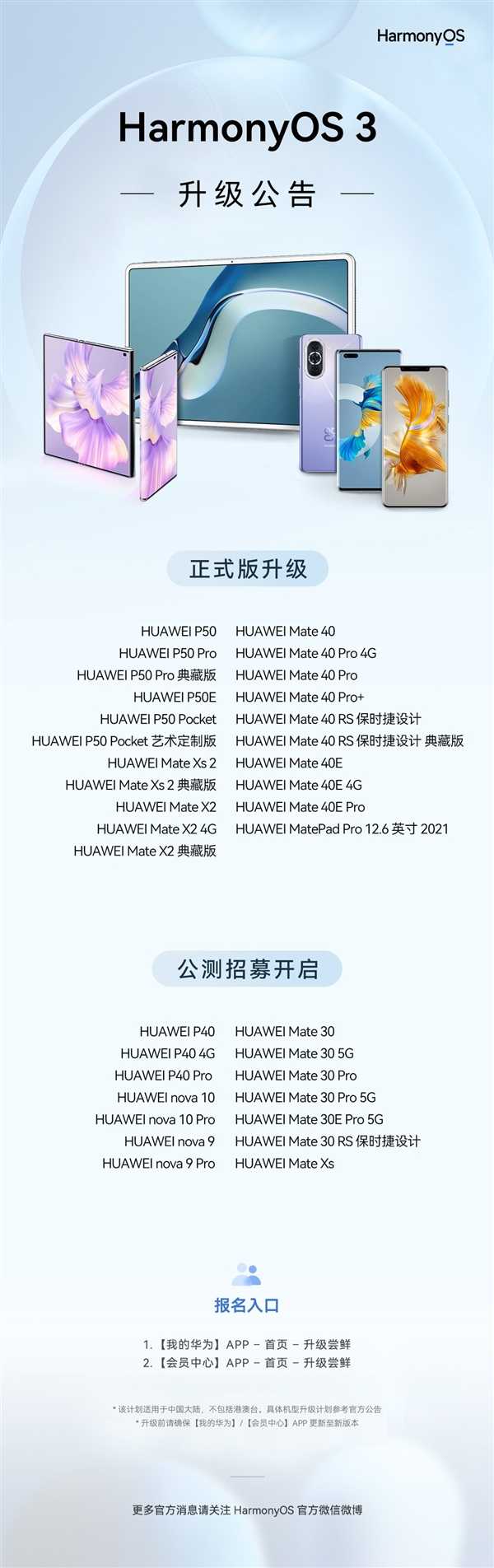 HarmonyOS 3首批正式版开放升级：华为Mate 40/P50等21款可升